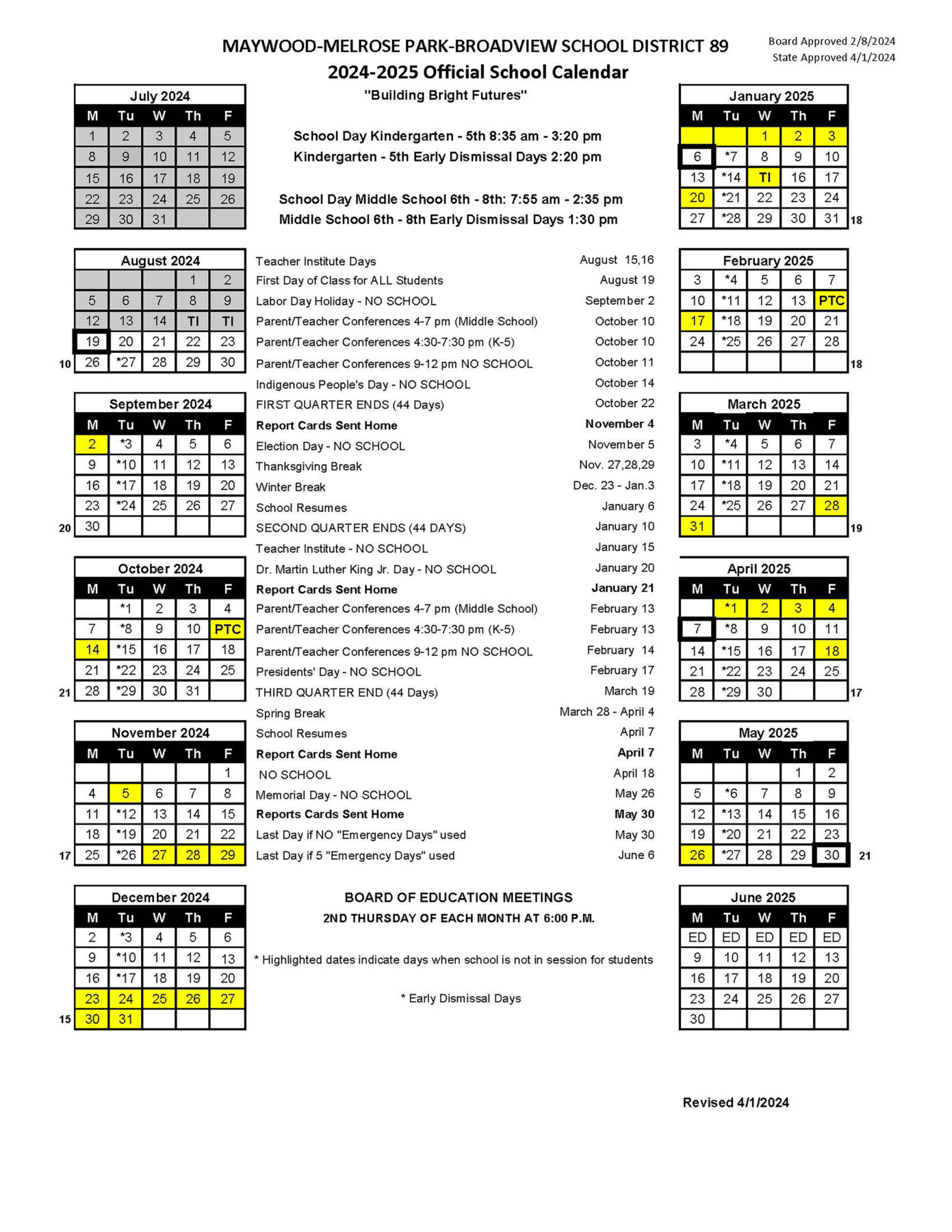 Irving Middle School - 2024-2025 School Calendar